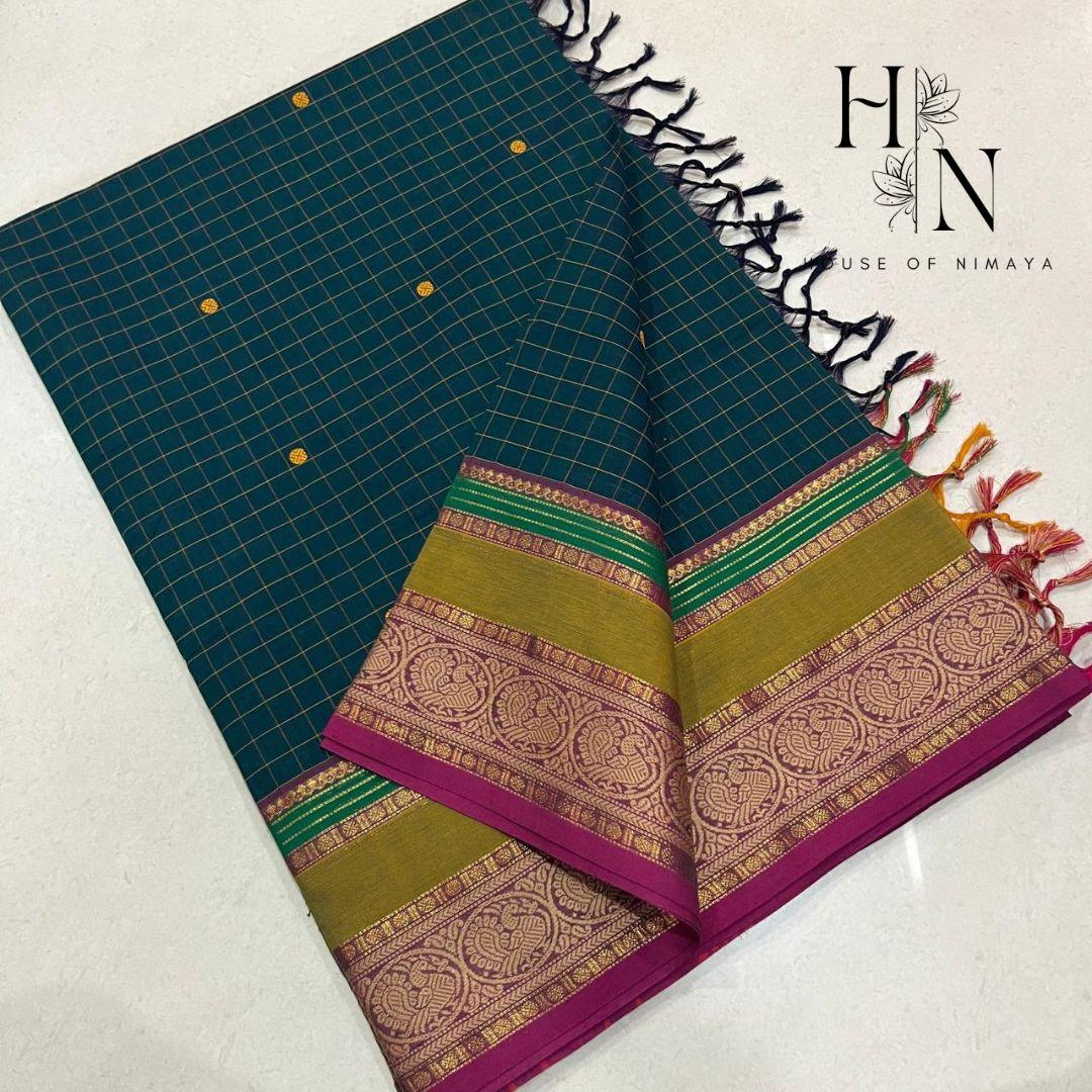 Blue Checked Chettinad Cotton Saree with Multicoloured Border – House ...
